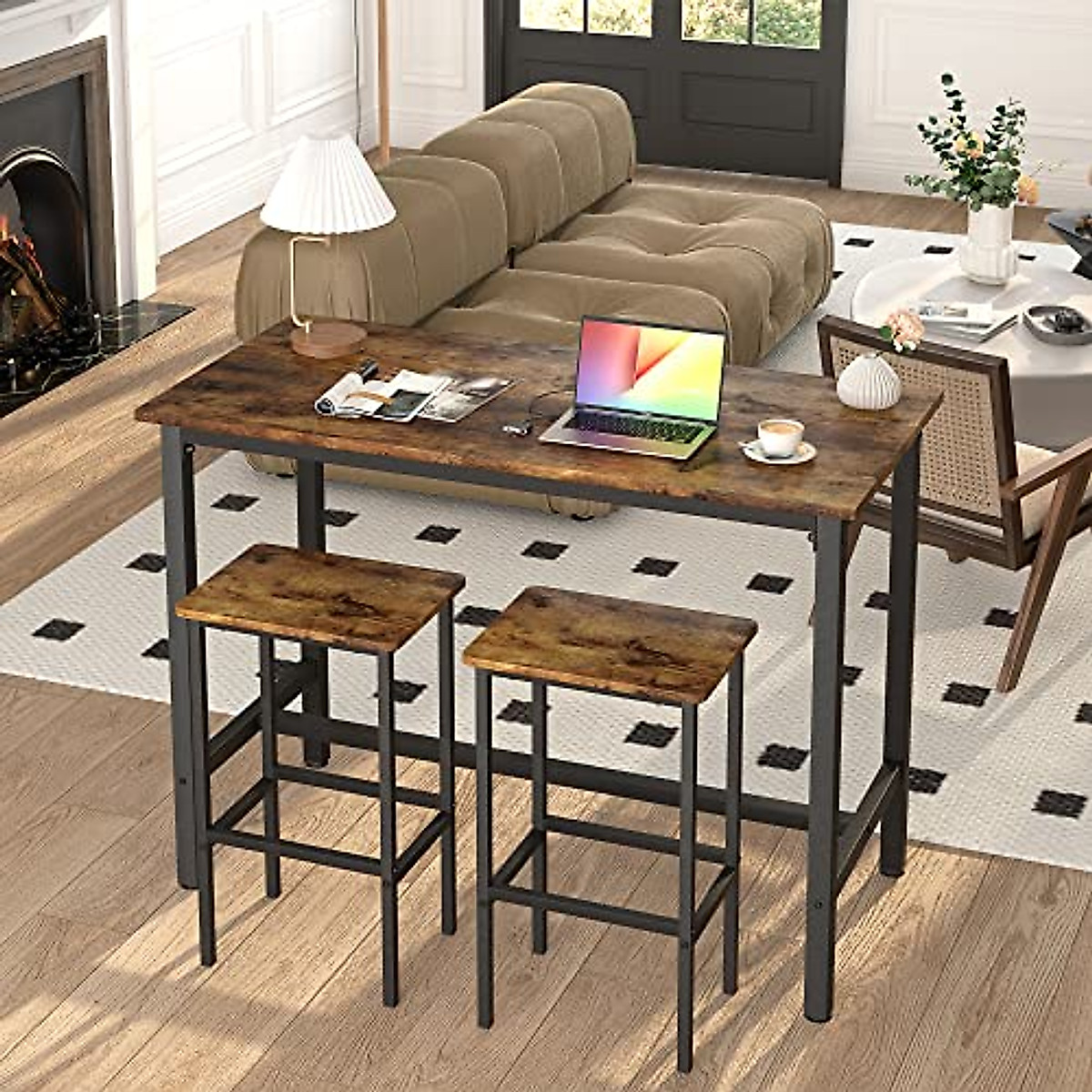 Mr IRONSTONE Bar Table and Chairs Set, 47.2 Inch Bar Table Set, Bar Height Table with 2 Bar Stools, 3 Pieces Industrial Dinning Table Sets for Party, Kitchen, Living Room, Dining Room