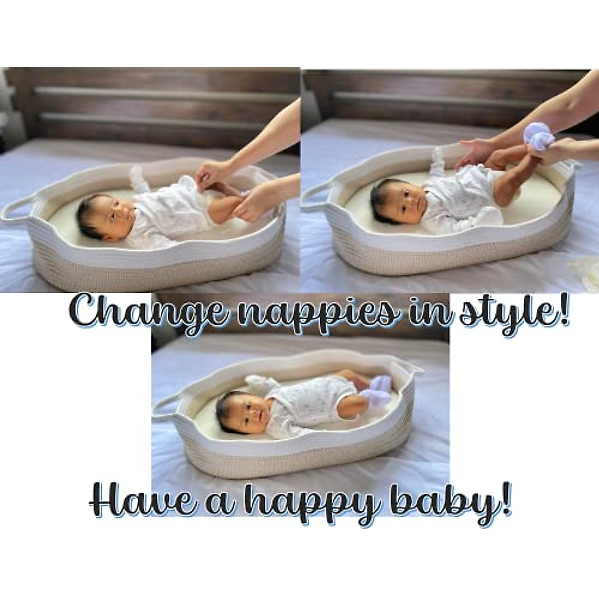 Lovely Nursery Baby Changing Basket Moses Basket 100% Cotton Rope and 1.2€ Thick Foam Pad with Removable Cover Change in Style and Comfort Beige/White Set