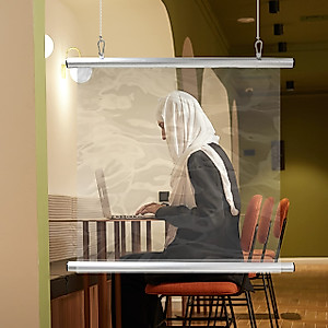 BannerBuzz Hanging Clamp Bar Sneeze Guard with Clear Tarp Film Protective Shield for Office, Cafes, Retail Stores, Cashier, Receptionist (3' x 5')