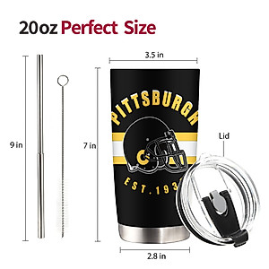 Custom Pittsburgh Tumbler 20oz Stainless Steel with Lid & Straw Personalized Football Fans Gifts for Women Men Coffee Travel Mug Cup Add Name Number