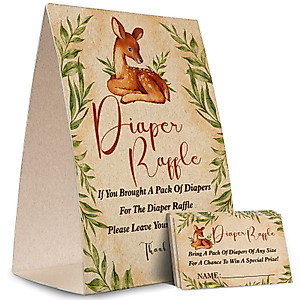 Tesedupoole Kraft Paper Diaper Raffle Sign,Diaper Raffle Baby Shower Game Kit (1 Standing Sign + 50 Guessing Cards),Woodland Forest Animals Insert Ticket-NPZ12