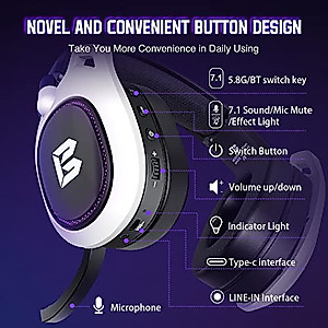 BENGOO TA81 Wireless Gaming Headset with Microphone for PS5 PS4 PC, 5.8GHz Wireless Bluetooth USB Gamer Headphones with Noise Canceling Mic, 7.1 Surround Sound, Wired Mode for Controller