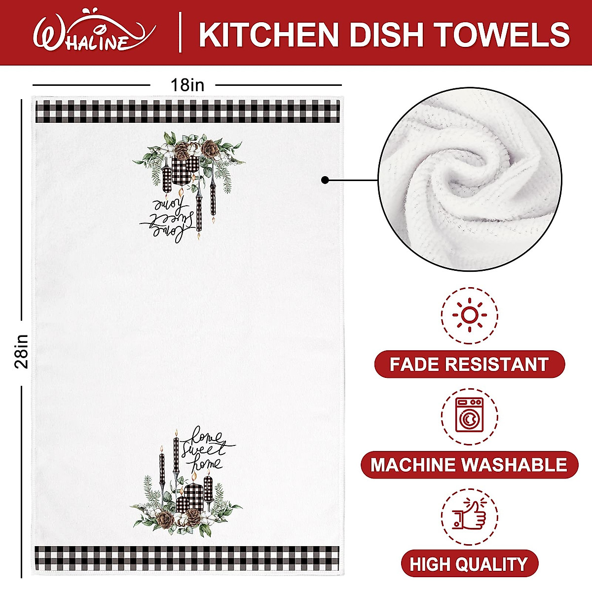 Whaline Christmas Kitchen Towel Xmas Tree Truck Gift Box Dish Towel Watercolor White Black Buffalo Plaids Hand Drying Tea Towel for Cooking Baking, 4 Pack, 18 x 28 Inch