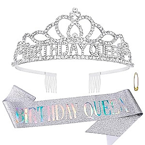 Chanaco Birthday Sash Birthday Crowns for Women Birthday Queen Sash Birthday Crown Tiaras for Women Silver Happy Birthday Decorations Birthday Gifts