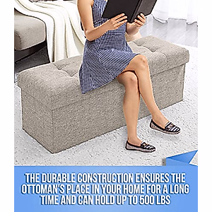 Ornavo Home Foldable Tufted Linen Large Storage Ottoman Bench Foot Rest Stool/Seat - 15" x 45" x 15" (Beige)