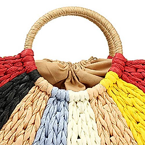 Summer Rattan Bag for Women Hand-woven Beach Top-handle Handbag Straw Rattan Tote Bags (Red and black multicolor)