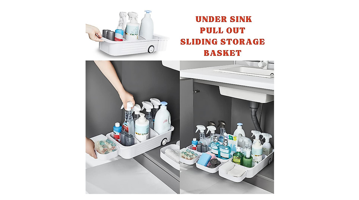 Undersink Pull Out Sliding Storage Basket, Car Shape Wheeled Cabinet Drawer Organizer for ...