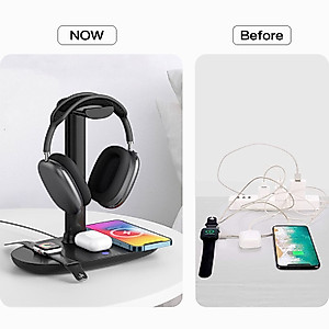 Headphone Stand with 15w Wireless Charger, Suguder 4 in 1 Charging Station Headset Holder for AirPods Max/Pro/4/3/2 iWatch 10/9/8/7/6/5/4/3/2/1/SE iPhone 16/15/14/13/12/11/X for Desktop Table Game