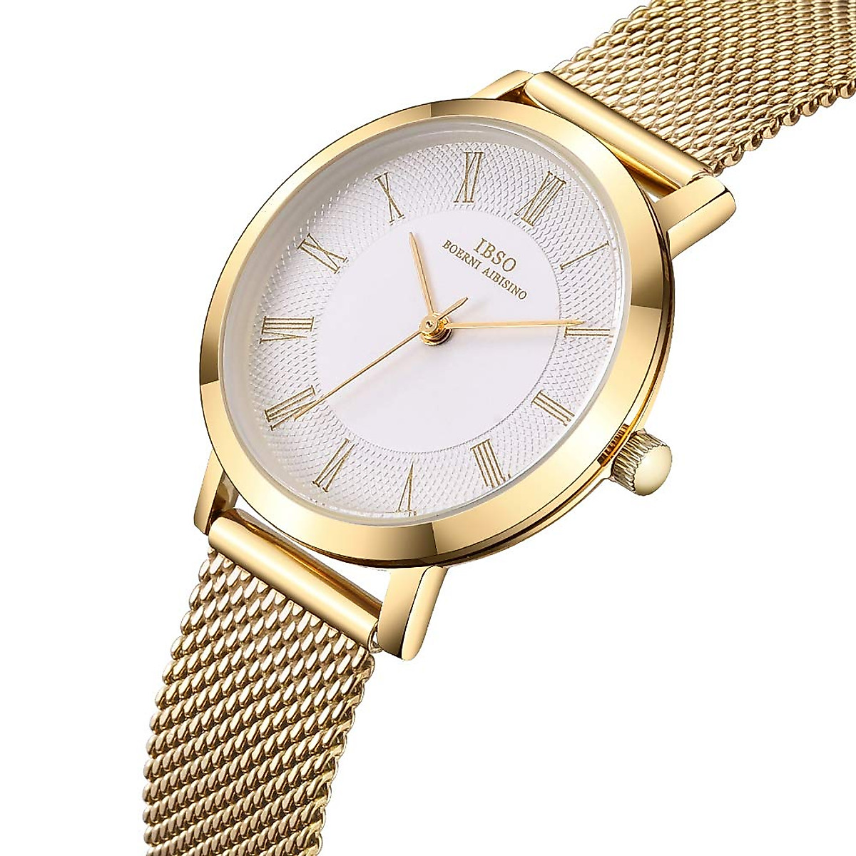 IBSO Women Stainless Steel Band Watches Ladies Quartz Wristwatches Waterproof Mesh Bracelet Watch Relogio Feminino (3636 Gold)