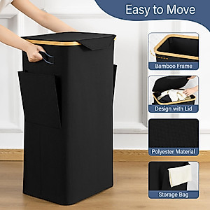 LOCHAS Laundry Hamper with Lid, 100L Clothes Hamper with 2 Pockets and Removable Bag, Black Large Laundry Basket with Handles, Tall Dirty Clothes Hamper for Bathroom, Bedroom, Dorm, Laundry Room