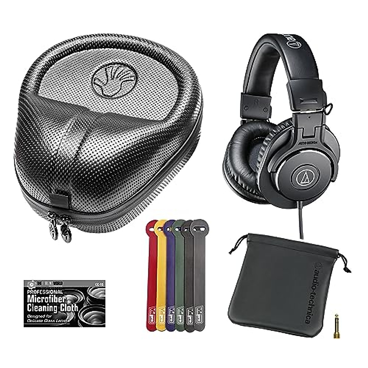 Audio-Technica ATH-M30x Closed-Back Monitor Headphones (Black) + Slappa Full Sized HardBody PRO Headphone Case (SL-HP-07) + Cable Ties + TheImagingWorld Cloth