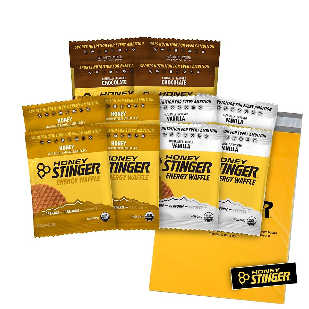 Honey Stinger Organic Waffles - Variety Pack – 12 Count – 4 of Each Flavor – Energy Source for Any Activity – Honey, Vanilla & Chocolate – Plus Sticker and Custom Polybag
