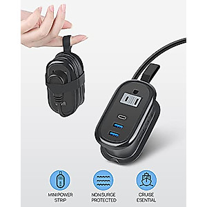 Travel Power Strip with USB Ports, Portable Small Power Strip with 4FT Wrapped Flat Plug Extension Cord, 2 Outlets 3 USB Ports(1 USB C), Non Surge Protector for Cruise Ship Hotel