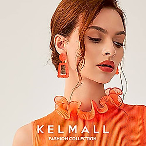 KELMALL Raised Design Drop Dangle Statement Earrings for Women Classic Metallic Geometric Rectangle Earring- Neon Orange