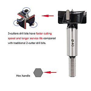 Forstner Drill Bits 40mm (1-9/16 inch) Tungsten Carbide Upgraded Version 3-Cutter Higher Hardness Wood Hole Saw Auger Opener Woodworking Drilling Tool Wood Cutter