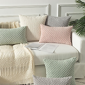 Kevin Textile Decorative Throw Pillow Cover Striped Corduroy Plush Texture Velvet Euro Cushion Cover for Bed 24 x 24 Inch (60cm) Set of 2 Cream