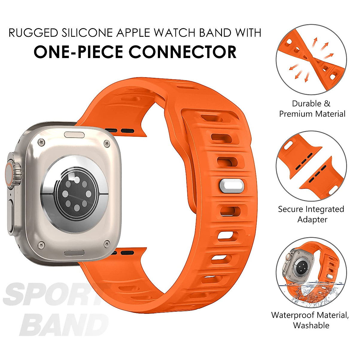 Wingle Sport Bands for Apple Watch Ultra 2 Band 49mm 45mm 44mm 42mm Series 9 8 7 for Men, Soft Silicone Rubber Watch Bands Waterproof Strap for iWatch Ultra/Ultra 2 SE Series 6 5 4 3 2 1, Black/Orange