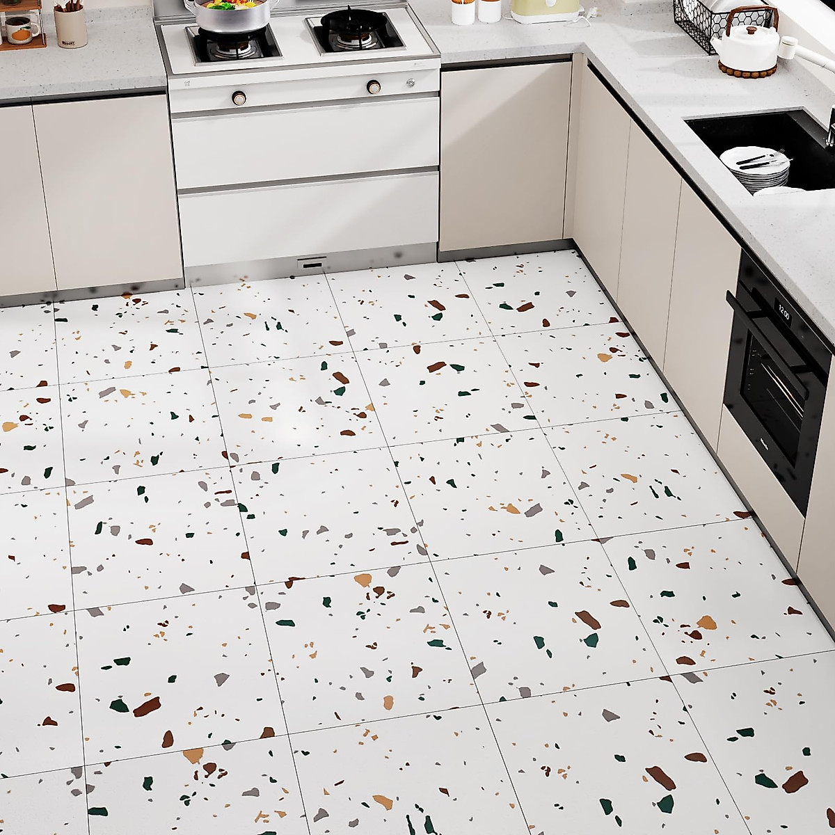 WESTICK Terrazzo Peel and Stick Floor Tile Bathroom Floor Tiles Peel and Stick Waterproof 12x12 in Self Adhesive Marble Vinyl Flooring Durable Removable Vinyl Floor Tiles for Kitchen Bedroom 5 PCS