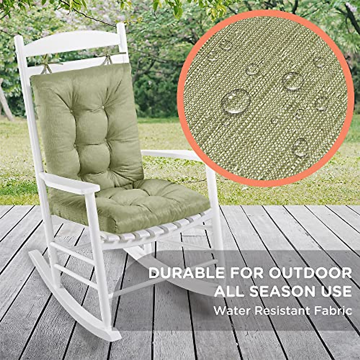 Rocking Chair Cushion, Indoor Outdoor Rocker Cushions Set, Water Resistant Seat Pads with High Back, 2 Piece Lower No Slip/Upper with Ties, Memory Foam Added Sage