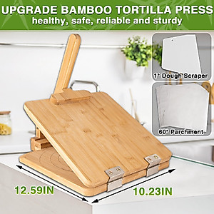 Bamboo Wooden Tortilla Press - 10 Inch Wood Tortilla Maker Press Square with 60 Pcs Parchment Paper and Scraper, Mexican Tortillera Presser 4.5” to 10" for Homemade Tortillas, Pataconera & Dough Press