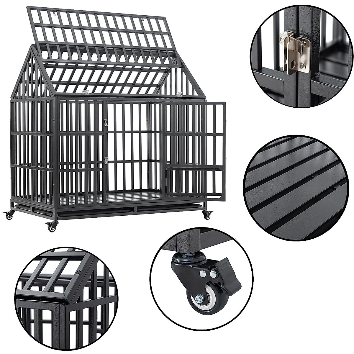 Afqxf Large Dog Crate Cage, 47'' Heavy Duty Galvanized Iron Dogs Cage Kennels Crates Furniture with Front Door, Top Door and 4 Lockable Wheels, Perfect for Patio, Home, Backyard, Black