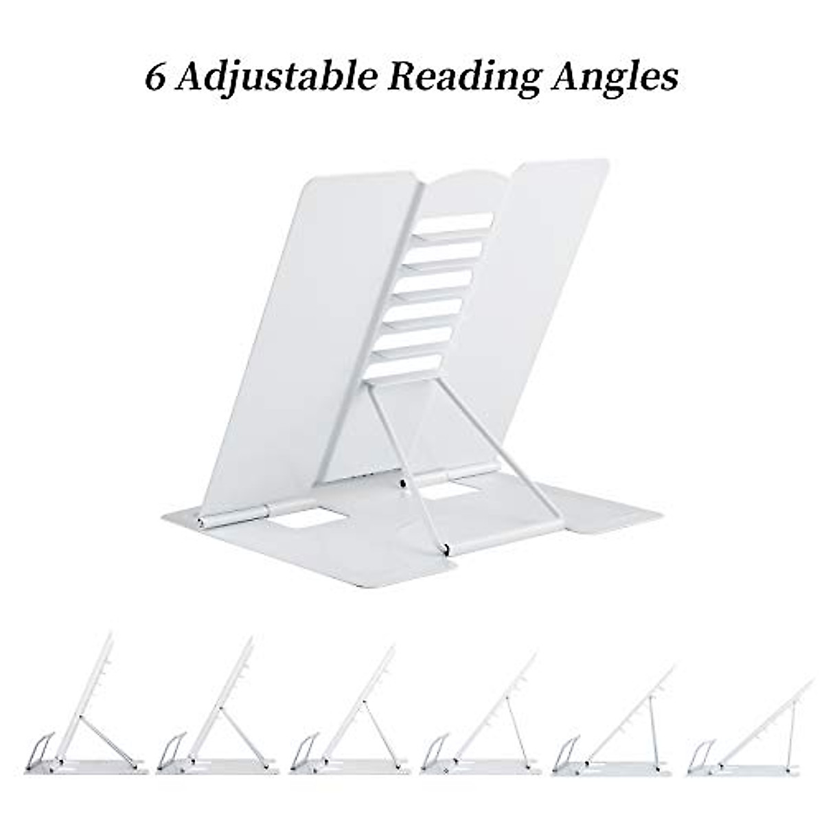 Blizzow Desk Book Stand Holders for Reading Hands Free, Durable Metal Adjustable Book Stand, Sturdy Lightweight Foldable Portable Bookstand -Cookbook, Recipe, Tablet, Music Book, Documents (White)