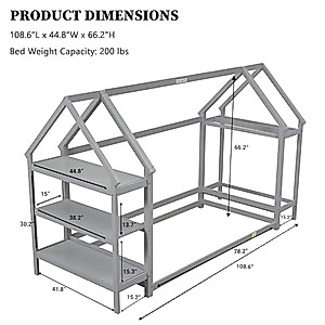LostCat Twin House Shaped Floor Bed with 2 Detachable Storage Shelves, House Shaped Twin Bed Frame with Roof, Wood Montessori Floor Bed with Clothes Drying Rack, Floor Bed Frame for Kids, Grey
