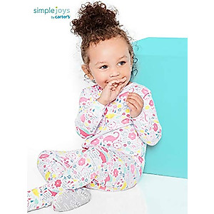 Simple Joys by Carter's Girls' 3-Pack Snug Fit Footed Cotton Pajamas, Navy Space/White Dinosaur/Yellow Dots, 4T
