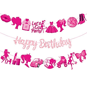 3Pcs Hot Pink Girl Happy Birthday Banners Pink Glitter Hot Pink Princess Birthday Party Decorations for Girls Doll Theme Baby Shower Ladies Bachelorette Party Supplies