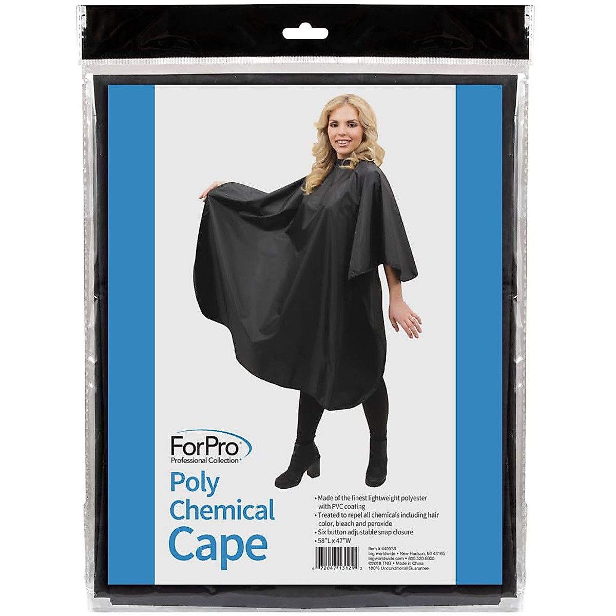 ForPro Professional Collection Poly Chemical Cape, Professional Hair Salon Styling Cape with Adjustable Snap Closure, Black, 58" L x 47" W