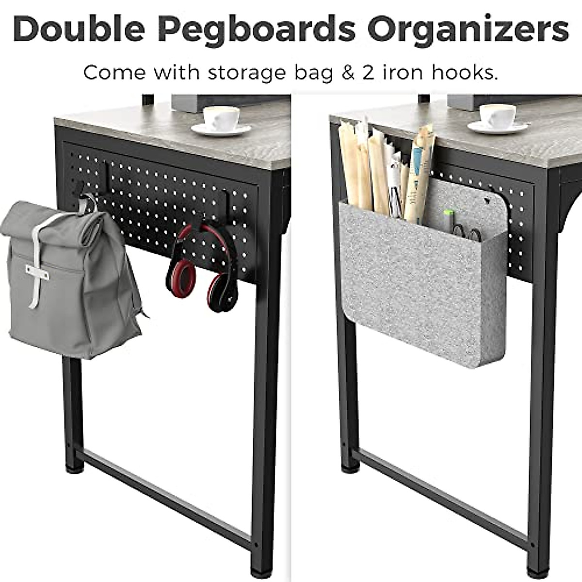 55 Inch Oak Grey Home Office Computer Desk with Monitor Stand Storage Shelves, Work Study Writing PC Gaming Table Large Workstation with Sturdy Black Metal Frame Dual Pegboard Organizers & Accessories