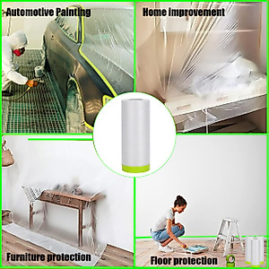 YUNXIHUI Painters Plastic with Tape, Tape and Drape, 3 Rolls Automotive Painters Tape and Plastic Film, Paint Plastic Covering Roll for Covering Skirting, Frames, Cars and Auto Body (55in X 65-Feet)