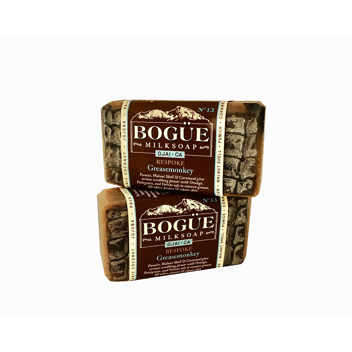 Handmade Goat Milk Soap 2 bars- BOGUE No.13 BESPOKE Greasemonkey Blend has serious scrubbing power. Essential oils of Orange & Vetiver remove grease, help protect & heal working hands.