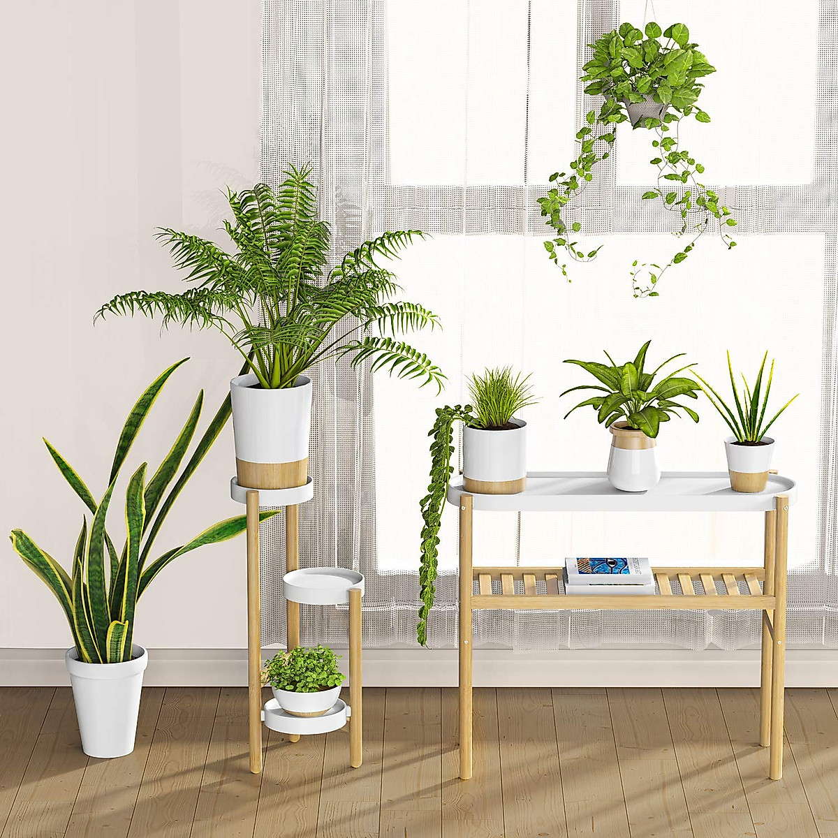 Wisuce Bamboo Shelf Indoor, 2 Tier Window Tall Stand Table for Multiple Plants