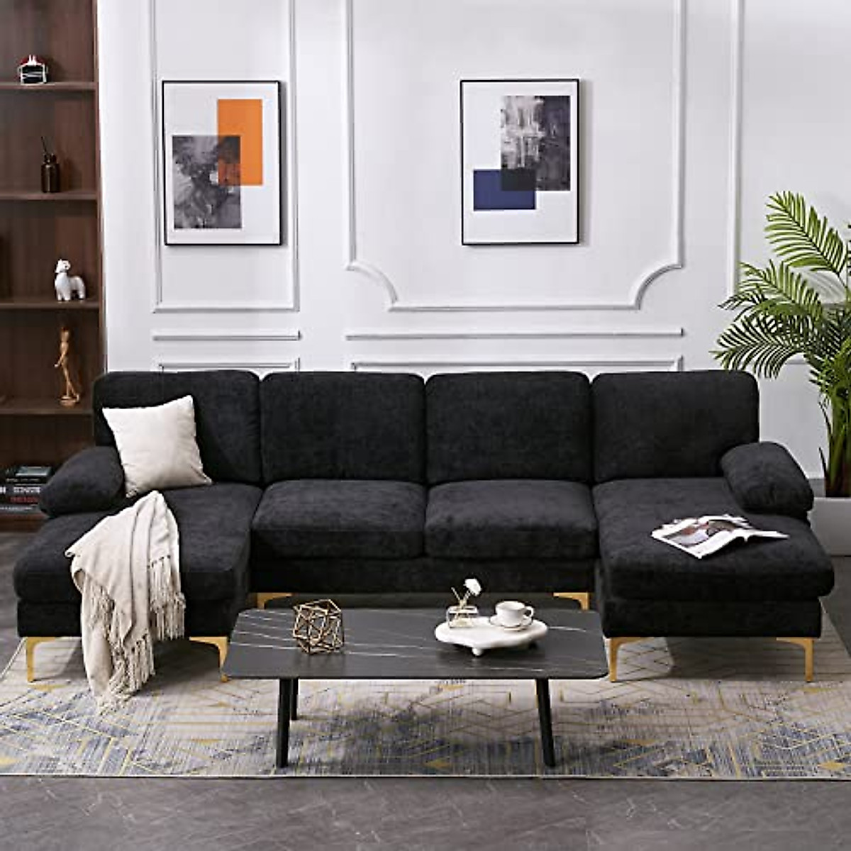 POULEII Sectional Sofa,Modern U-Shape Modular Sectional Sofa Sleeper Couch with Chenille Fabric and Gold-Plated Feet for Living Room, Apartment, Office,Black