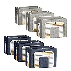 Furnhome 6 Pack Sturdy Clothes Storage Bins Organizer Containers, Stackable Storage Bins-Foldable Steel Frame Storage Box for Clothing Storage with Clear Window & Reinforced Handles