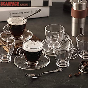 GURUDAR Espresso Cups with Saucers and Spoons Set of 6, Glass Demitasse Cups for Cappuccino Latte Café Mocha Tea and More Beverage, 3.2OZ/95ML, Clear