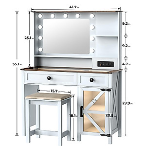 MIIFUNY Farmhouse Makeup Vanity Desk with Mirror and Lights, 42" Glass Top Vanity with Charging Station, Rustic Vanity Table Set with 2 Drawers & Shelves & Cabinet, Dressing Table for Bedroom, White