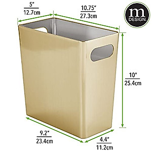 mDesign Stainless Steel Metal Rectangle Trash Can with Handles, 2.1 Gallon Wastebasket, Garbage Bin for Bathroom, Bedroom, Kitchen, or Home Office, Holds Waste/Recycles, Mirri Collection, Soft Brass