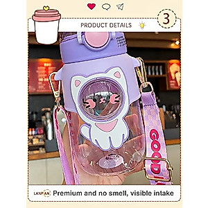Kawaii Water Bottle with Straw and Strap Portable Water Jug Cute Aesthetic Drinking Cup for Outdoor Back to School, 24oz (Pink Bunny)
