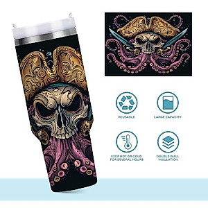 Jihqo Octopus Skull Pirate 40 oz Stainless Steel Vacuum Insulated Tumbler with Handle and Straw Lid, Leakproof Water Bottle Double Wall Travel Mug Coffee Cup, Cupholder Friendly