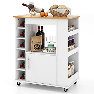 Giantex Kitchen Island, Mobile Kitchen Cart with Storage Cabinet, Bamboo Top, 6-Bottle Wine Rack, 3 Tier Spice Rack, Towel Holder, Rolling Microwave Cart for Dining Room Coffee Bar, White