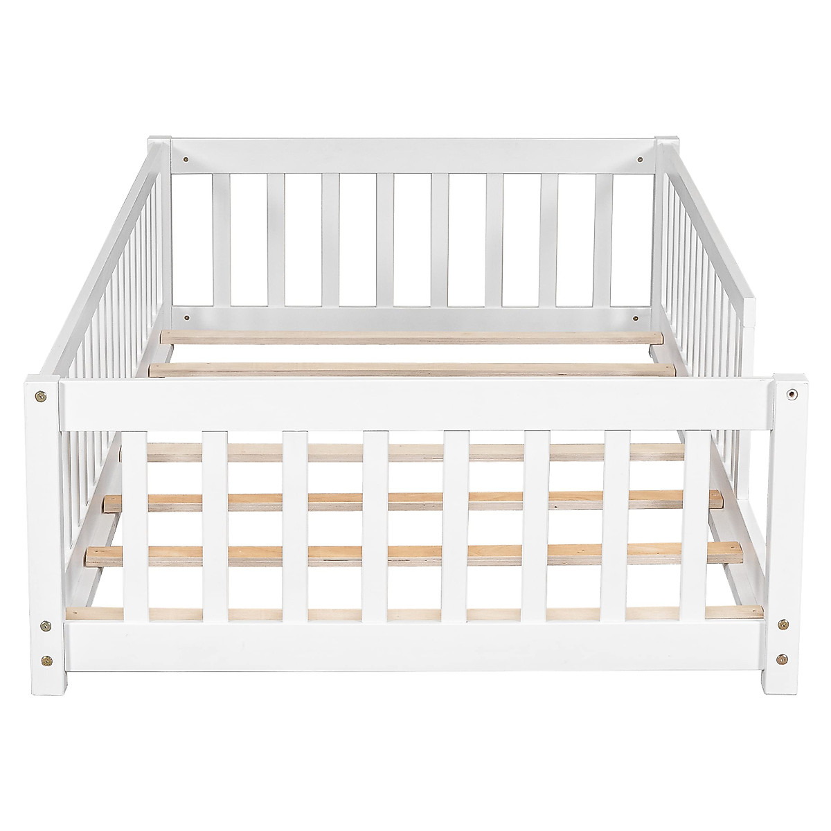 UOCFYK Toddler Twin Size Floor Bed with Fence for Kids,Solid Wood Bedframe,Easy to Assemble, No Box Spring Needed,White