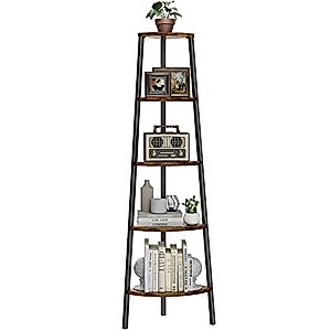 Pipishell Corner Shelf, 5 Tier Bookshelf Bookcase, Industrial Corner Bookshelf Plant Shelf for Bedroom, Living Room, Office, Kitchen, Display Shelf & Storage Ladder Corner Shelf, Rustic Brown