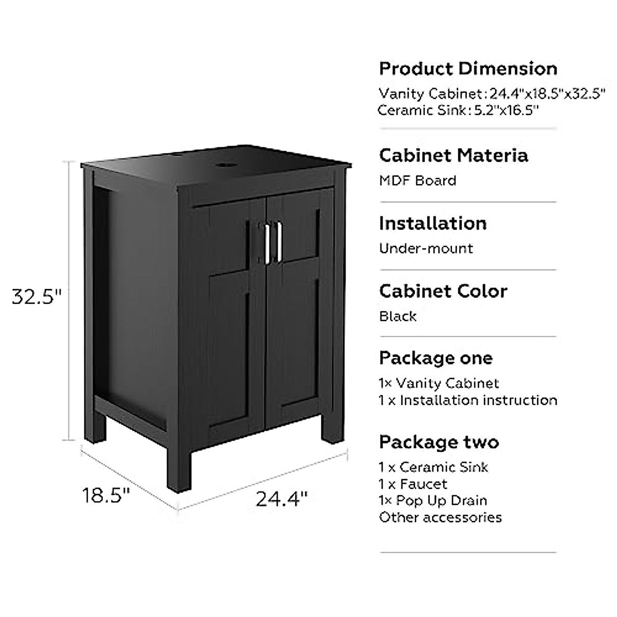 ARTETHYS 24 Inches Single Bathroom Vnaity Modern Pedestal Sink Bathroom Stand Cabinet Wood Black Bathroom Cabinet