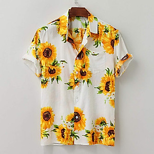 GDJGTA Men's Hawaiian Shirt Casual Colorful Sunflower Print T-Shirt Buttons Lapel Top Short Sleeve Tee Loose Blouse