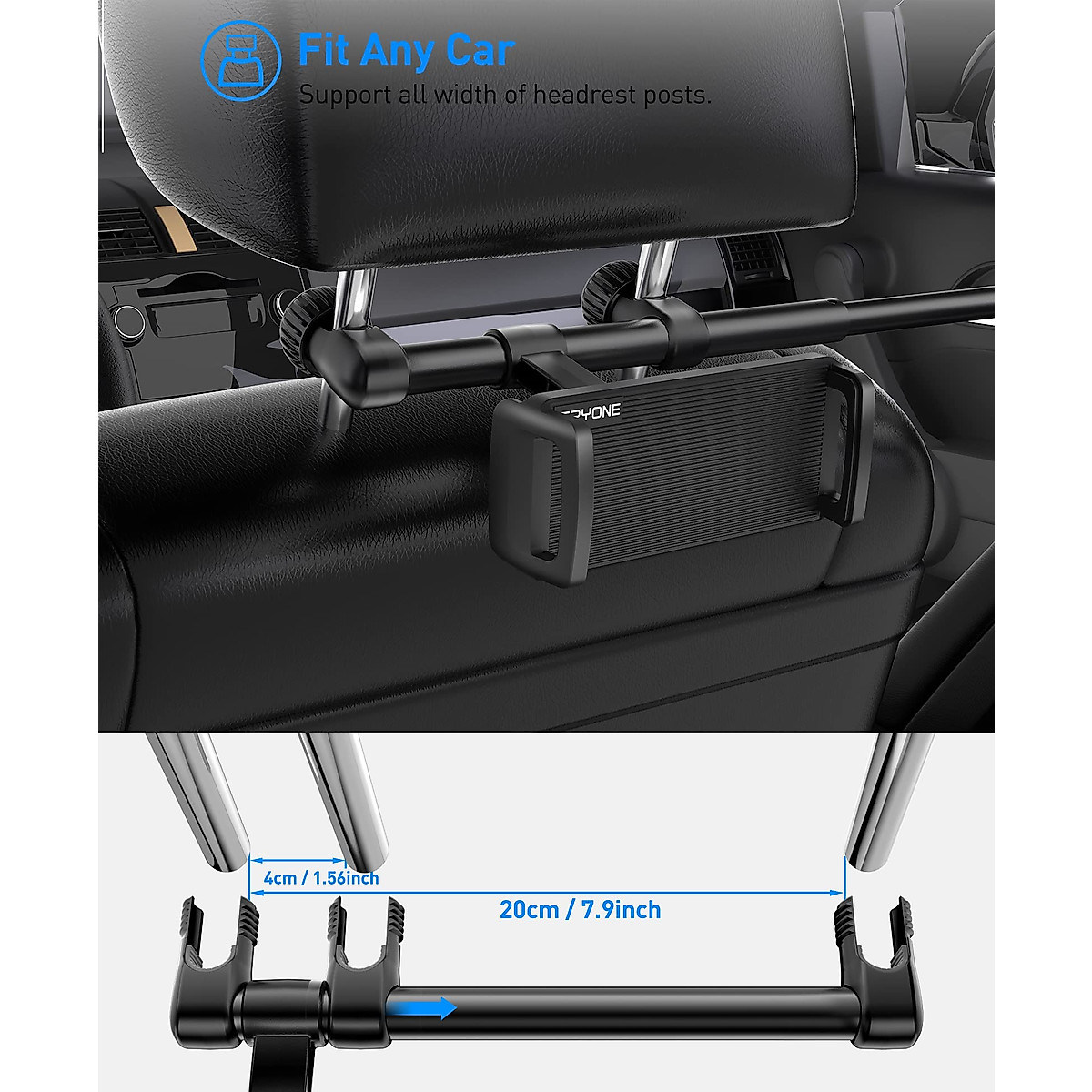 Car Headrest Tablet Mount Holder: Double Cradles Backseat Stand with Extension Arm for Kids Compatible Phone | iPad Pro Air Mini | Galaxy Tabs | Kindle Fire HD | Switch Lite & Other 4.7-12.9" Device