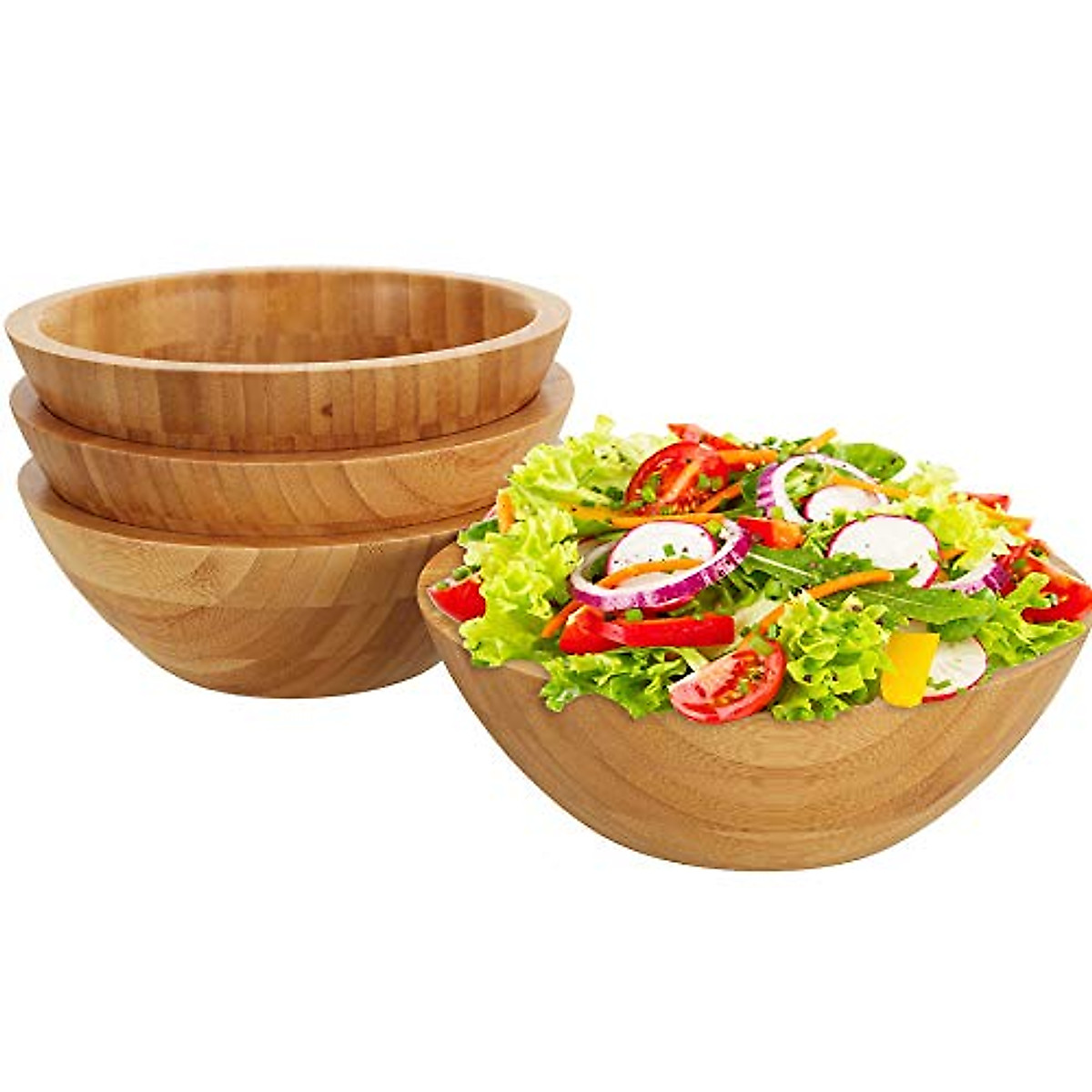 Lawei Set of 4 Bamboo Salad Bowls - 7 x 2.25 Inch Wood Serving Bowls Individual Meal Bowls Fruits, Salad, Pasta, Cereal, Rice and Snacks