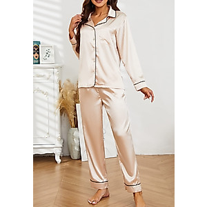 U2SKIIN Women Silk Pajamas Set, Long Sleeve Satin Pajamas for Women Sleepwear Button Down Pjs Set Two-piece(Champagne, L)