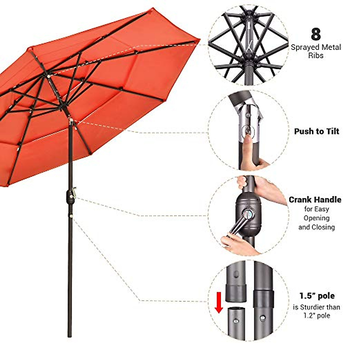 Yescom 9' Aluminum 3 Tier Wind Resistant UV70+ Outdoor Patio Umbrella Push Tilt Crank Pool Yard Garden Deck Table Orange
